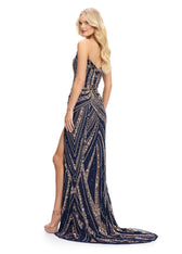 Hera - Plunge Beaded Strapless Evening Gown With Split