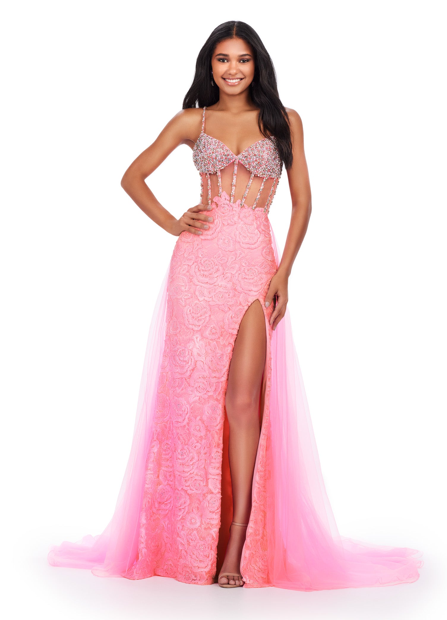Rene - Embellished Lace Gown with Sheer Bodice & Overskirt